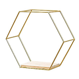 SFTYUFS Floating Shelves Wall Mounted Floating Hexagon Shelves, Metal Framed Gold Shelves with Wood Based in Modern Chic Style, for Wall Storage & Display in Living Room Bedroom