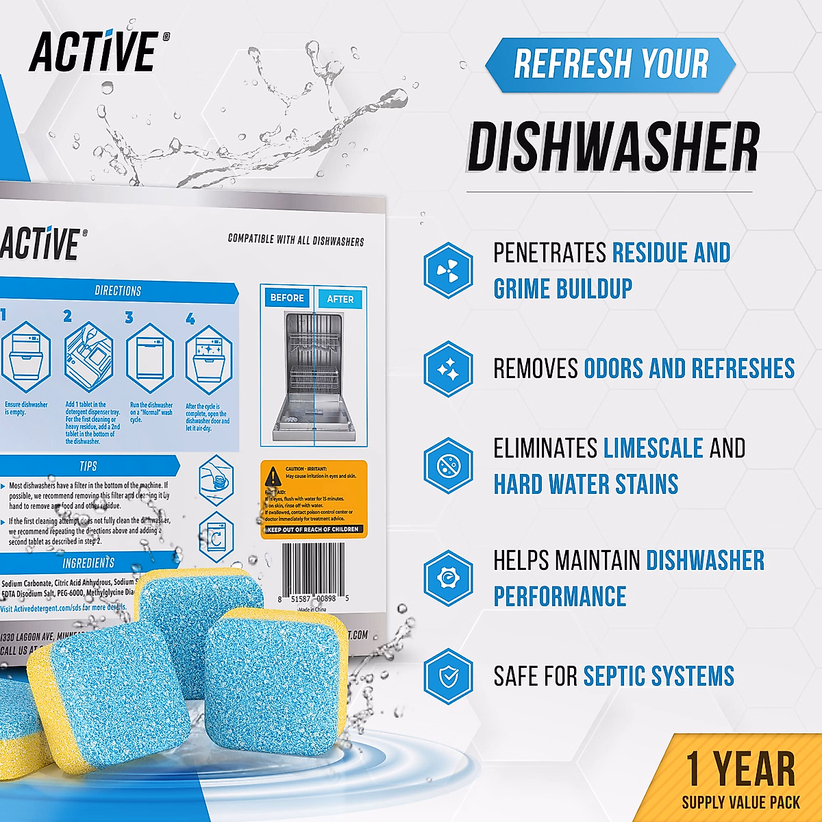 ACTIVE Washing Machine And Dishwasher Cleaning Tablets Bundle - Includes 12 Month Supply Dishwasher Cleaner Deodorizer & Washing Machine Descaler Deep Cleaning Tablets - 48 Tablet Combo