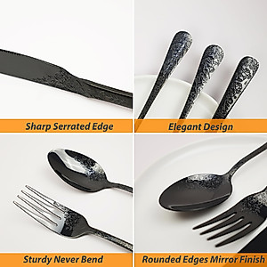Runfly Vintage Carved LASER-ETCHED Floral Black Silverware Set for 4, Stainless Steel 20-Piece Flatware Set with KnifeForkSpoon, Cutlery Set for Home