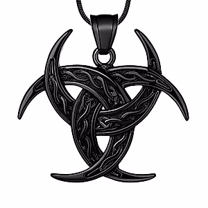 Celtic Knot Necklace Viking Pendant - Norse Mythology Jewelry Triple Odin Horn Crescent Moon Necklace Mens 316L Stainless Steel Triskelion Amulet Pewter Tribal Protection Triskele Jewelry SP0053B