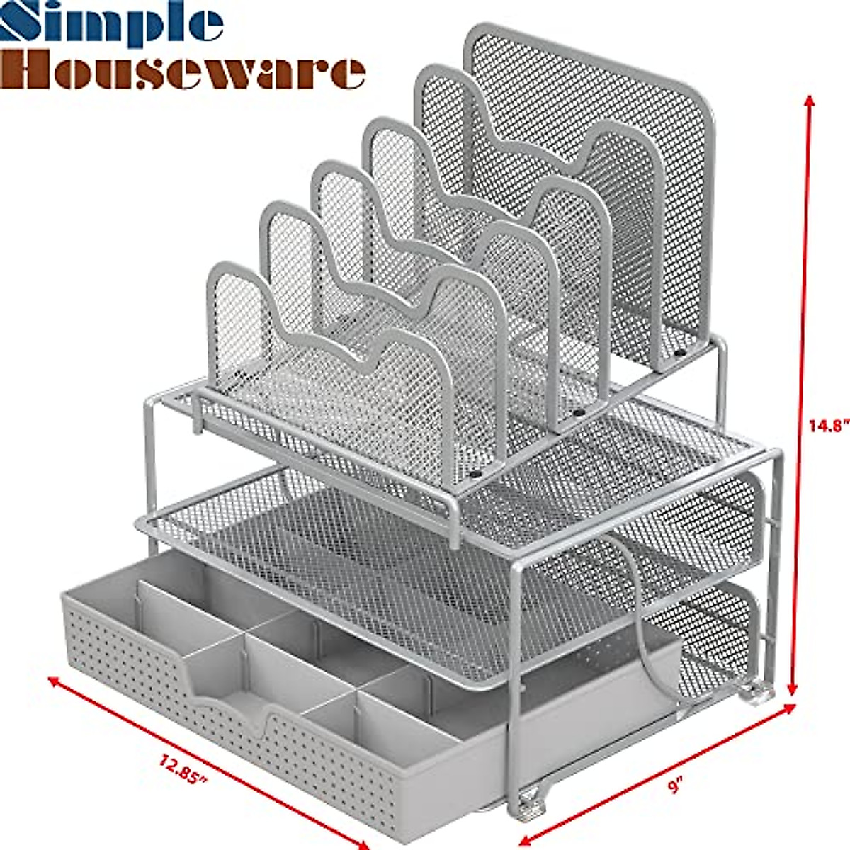 Simple Houseware Mesh Desk Organizer with Sliding Drawer, Double Tray and 5 Stacking Sorter Sections, Silver