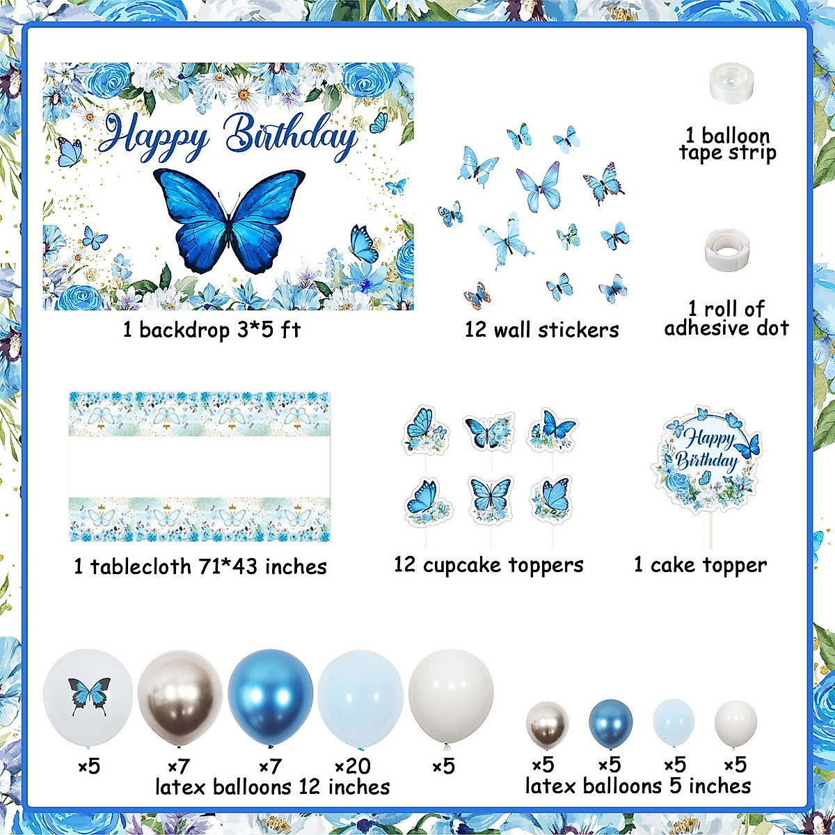 Balterever Blue Butterfly Birthday Party Decorations for Girl Butterfly Happy Birthday Backdrop Balloon Arch Kit Tablecloth Wall Stickers Cake Cupcake Toppers for Girl Butterfly Theme Birthday Party