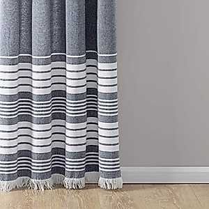 Lush Decor, Navy Nantucket Yarn Dyed Cotton Tassel Fringe Window Curtain Panel Pair, 84" x 40", 84 in x 40