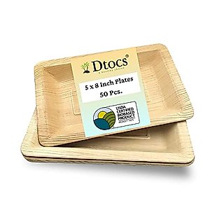 Dtocs Palm Leaf Plates 5x8 Inch Rectangle Tray (50 Pc) -Disposable Bamboo Tray Look Mini Charcuterie Board Set, Dessert Serving Tray, Pasta Plate | Dinnerware Set Sturdy Than Heavy Duty Paper Plates