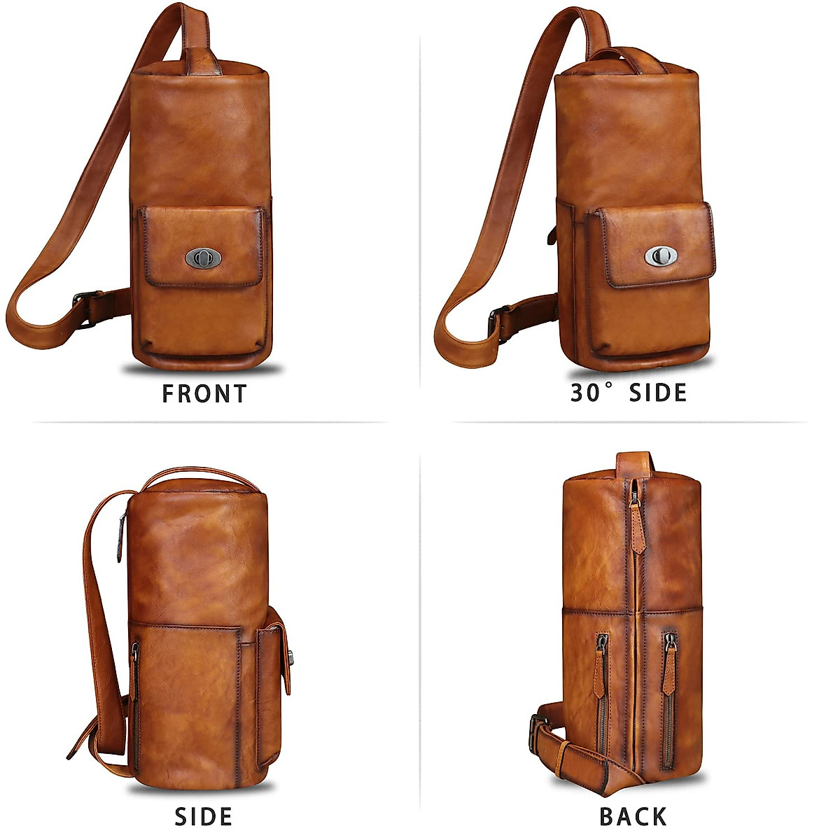 LRTO Genuine Leather Sling Bag for Men Crossbody Sling Backpack Handmade Motorcycle Chest Bag Hiking Daypack Purse (Brown)