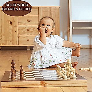 Wooden Chess Set for Kids and Adults – 17 in Staunton Chess Set - Large Folding Chess Board Game Sets - Storage for Pieces | Wood Pawns - Unique E-Book for Beginner - 2 Extra Queens