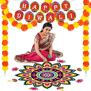 MOVINPE Diwali Decorations Set for Home, Rangoli Stickers For Floor Entrance Wall Porch Marigold Garland Happy Diwali Banner Indian Diwali Diyas Rangoli Decoration