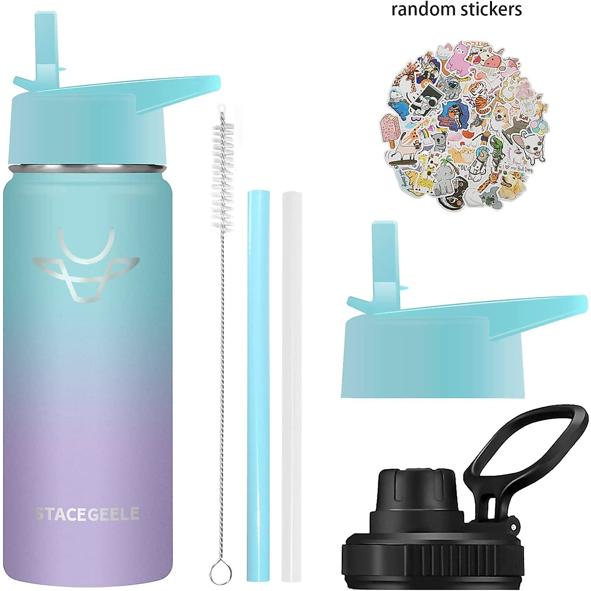 STACEGEELE Insulated Vacuum Water Bottle for Kids with Straw Lid Stainless Steel Flask Thermos for Boys and Girls Leak Proof Lightweight Eco Friendly 18oz(550ml),Springbank