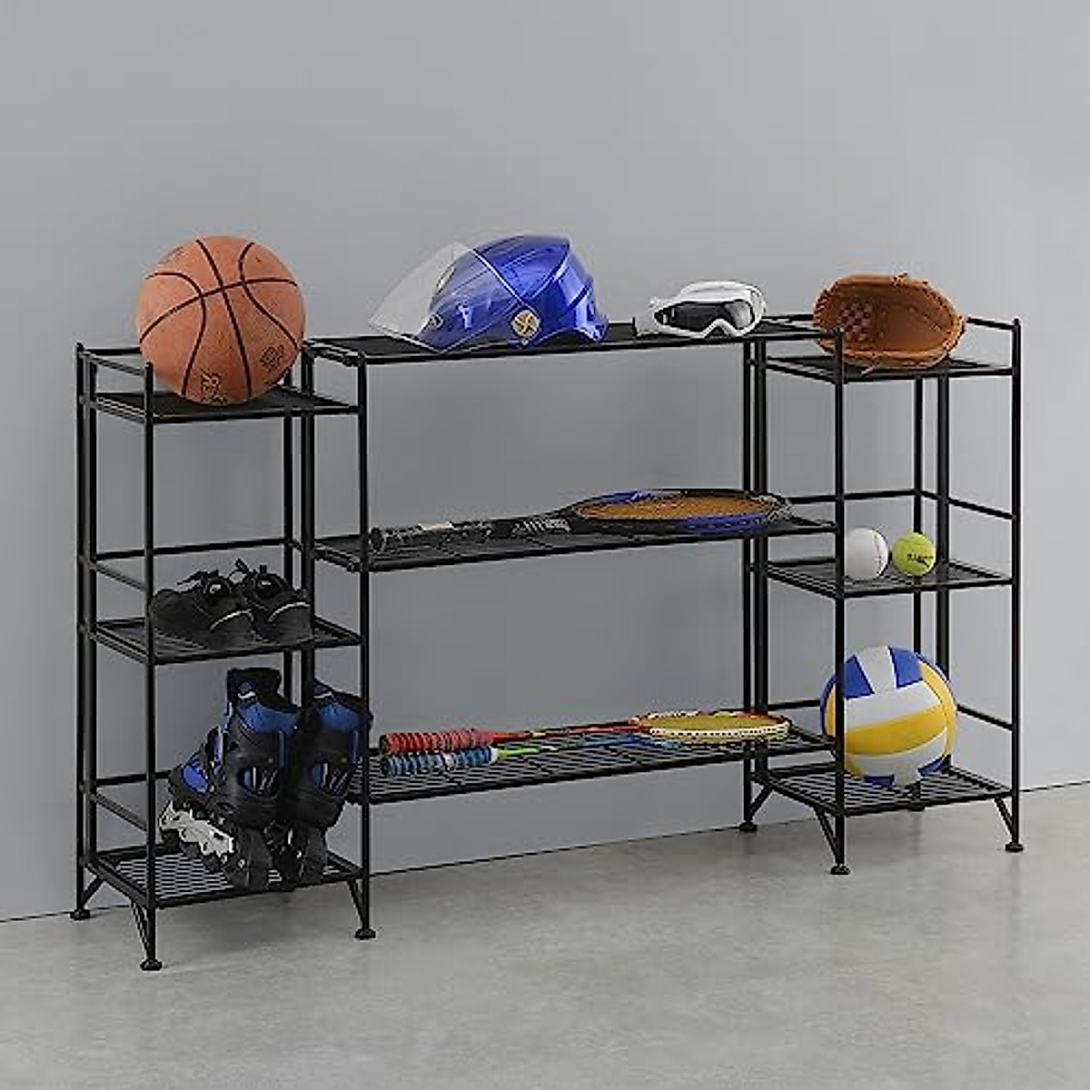 Convenience Concepts Xtra Storage 3 Tier Folding Metal Shelves with Set of 3 Deluxe Extension Shelves - Organizer for Living Room, Office, Bedroom, Garage, Kitchen, Bathroom, Black
