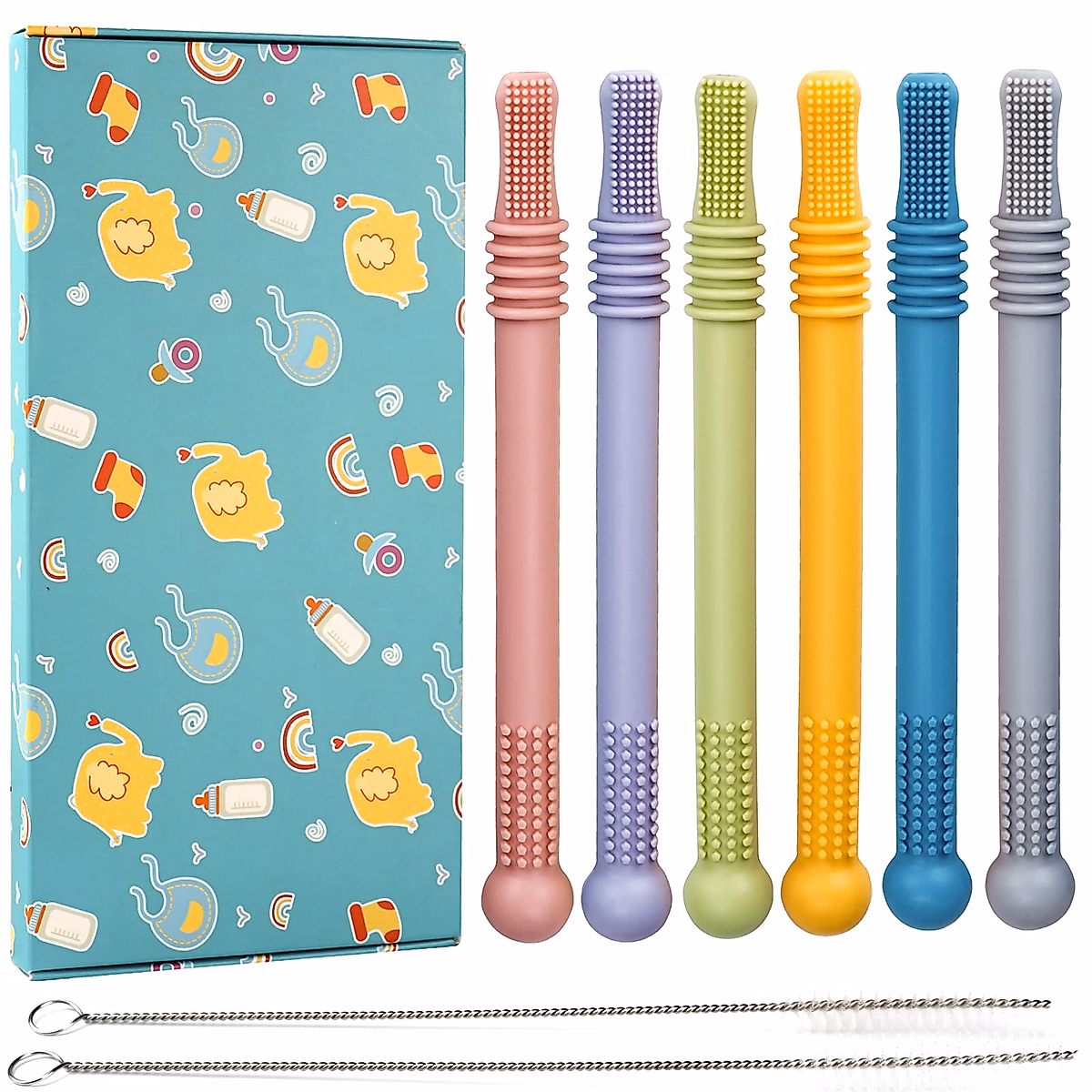 Baby Teething Toys Sensory Toys for Autistic ADHD, SPD, Oral Motor Children, Teething Straws Sticks, Baby Boy Girl Gitfs Package for 3 6 12 36 Months Baby Teether