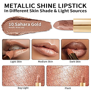 Oulac Nude Lipstick for Women with Metallic 3D Shine Lightweight Hydrating Formula, High Impact Lip Color, Vegan Beauty, Full Coverage Lip Makeup, Sahara Gold(10)