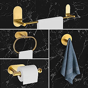 HouseAid 5-Piece Self Adhesive Towel Holder Set for Bathroom, Adhesive Bathroom Hardware Accessories Including Towel Ring, Toilet Paper Holder, 18” Towel Bar and 2 Towel Hooks, Brushed Gold