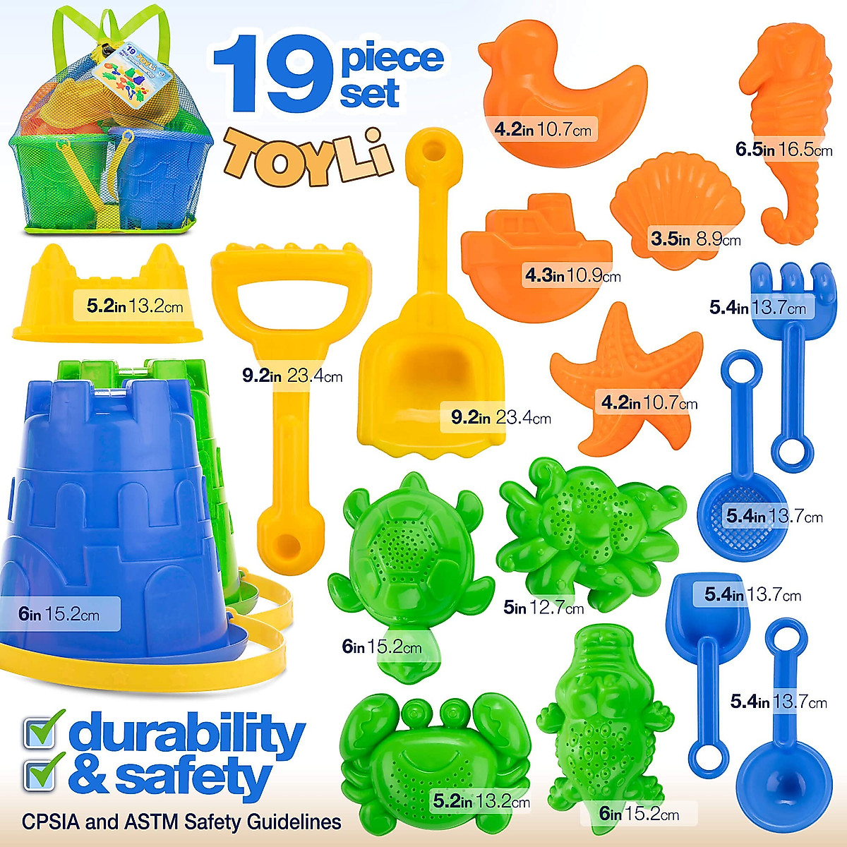 TOYLI Sand Toys Beach Set 19 Pieces with Bag, Sand Buckets, Shovels, Sand Sifters, Rakes, Sand Molds, Pail and Shovel Set for Kids Children Beach Toys for Toddlers 1-2 Snow Toys
