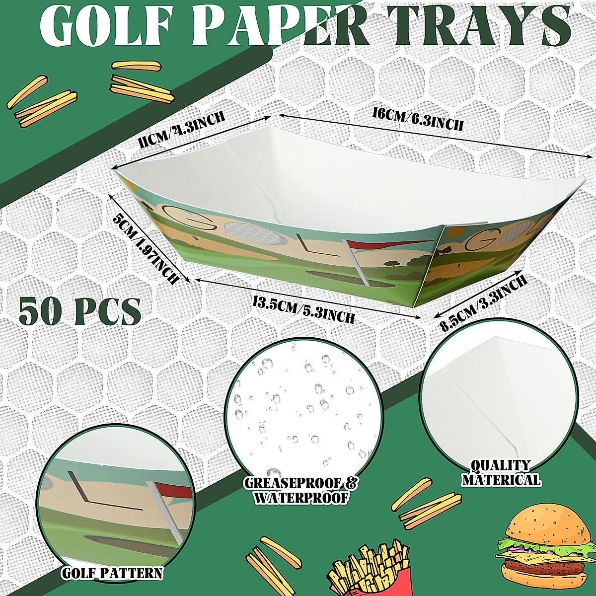 100 Pcs Golf Party Supplies Serves 50, Golf Paper Food Trays Food Boats with Wax Paper Sheets for Kid's Golf Themed Birthday Party Children Sport Party Favors Decoration (Golf)