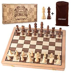 AMEROUS Magnetic Wooden Chess Set, 15 Inches Handmade Wooden Folding Travel Chess Board Game Sets with Chessmen Storage Slots for Kids and Adults, 2 Bonus Extra Queens, Gift Box Packed