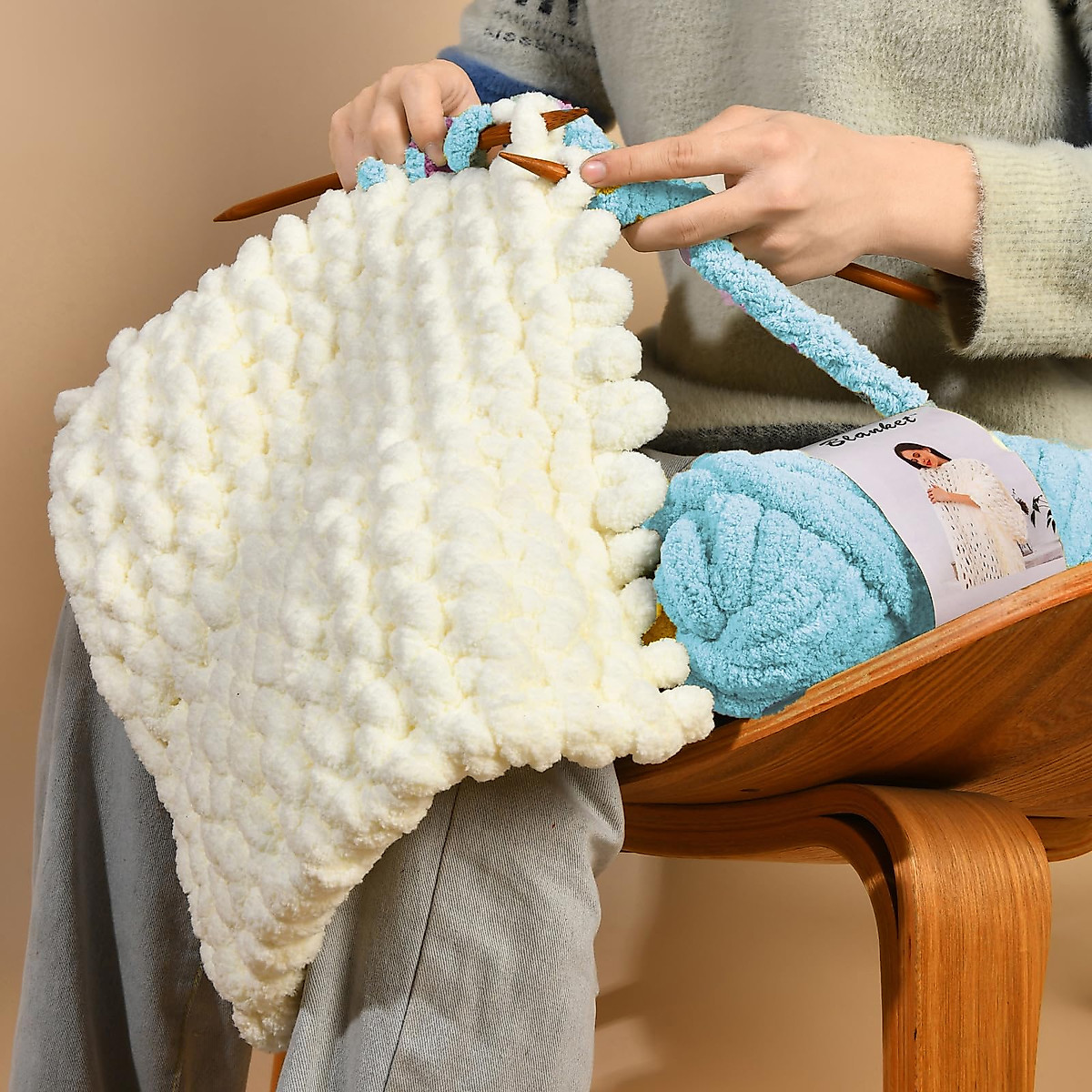 Chenille Chunky Yarn Arm Knitting Thick Bulky DIY for Knit Blanket Cushion Bed Sofa Home Decor (Light Blue, 2-Pack, 0.5kg/1.1 lb, 48 Yards)