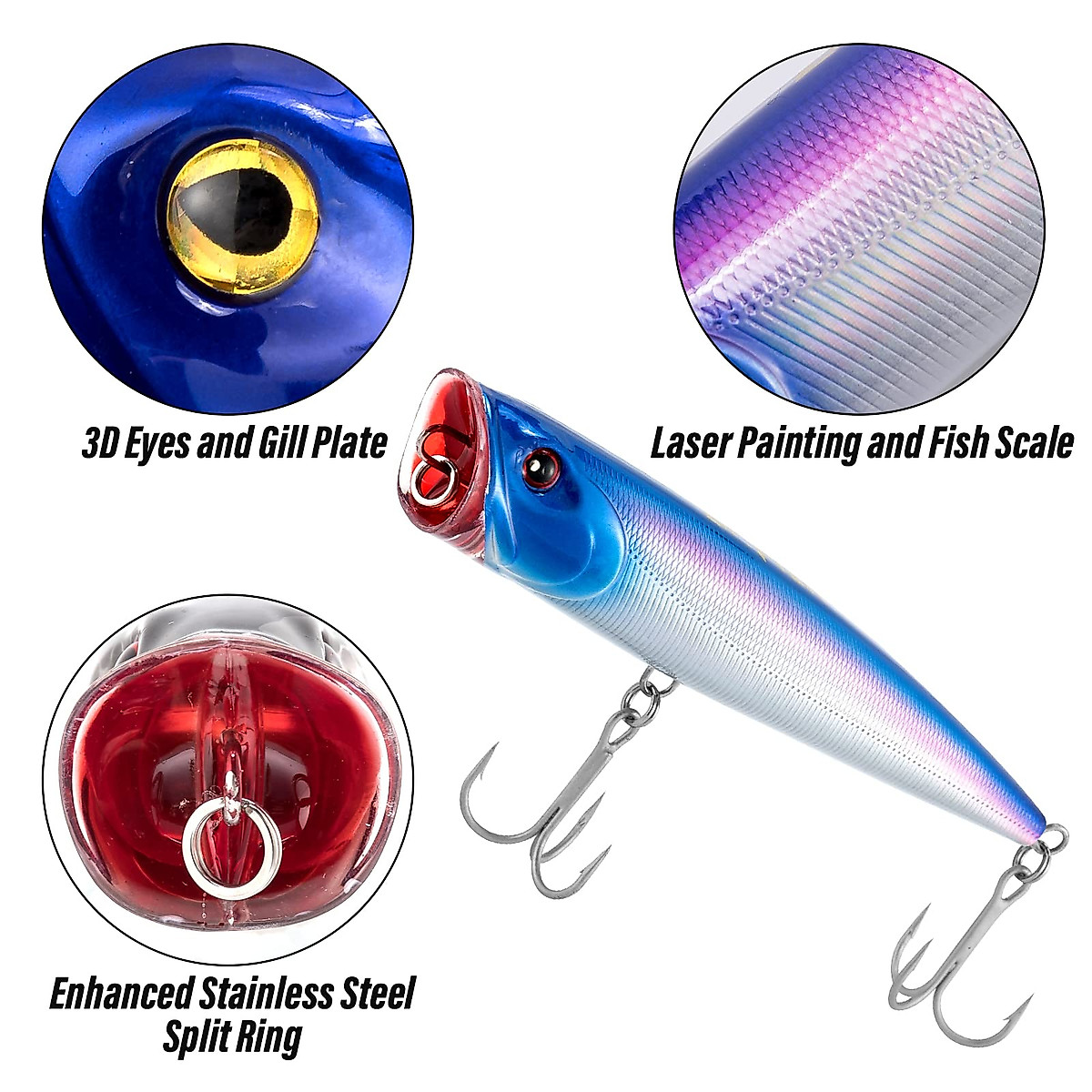 Dr.Fish Topwater Popper Saltwater Fishing Lures, 5-1/2 Inches GT Popper VMC Treble Hooks Surf Fishing Lures for Striper Pike Salmon Lures Bass Popper Fishing Plugs Offshore Blue/Purple