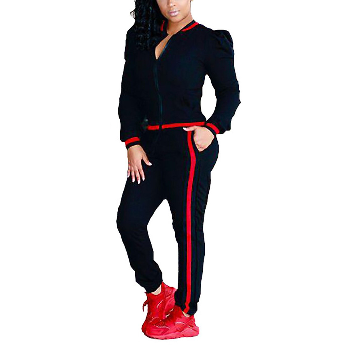 Casual Long Sleeve Zip Up Jacket and Pants Sweatsuits Tracksuits 2 Pieces outfits for Ladies,Black,Tag XL/US(12-14)