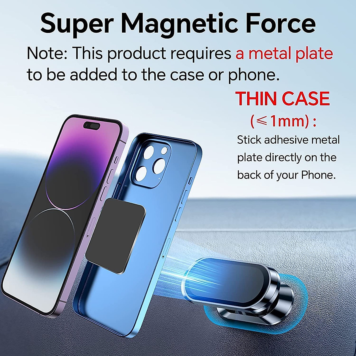 【2-Pack】 Magnetic Phone Holder for car, [ Super Strong Magnet][ with 4 Metal Plate ] iPhone Magnetic CarMount for Cell Phone, [ 360° Rotation ] Universal Dashboard Adhesive Car Magnetic Phone Mount