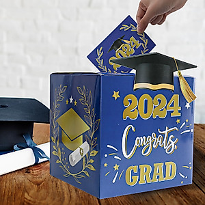 FengRise Graduation Cap Card Box, 2024 Class - Includes 36 Pcs Grad Cards, Blue Gold, Storage Box for Graduation Party Decorations, Gift Card Holder, Reusable, 7.87*7.87inch/20*20cm