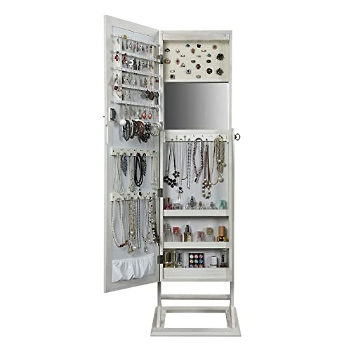 Abington Lane Standing Jewelry Armoire - Lockable Cabinet Organizer Jewelry Storage with Full Length Mirror and LED Lights (Antique White)
