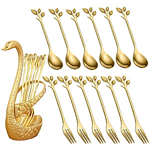 13 Piece Gold Mini Spoons and Forks with Swan Spoon Holder Small Spoons for Dessert Appetizer Spoons Stainless Steel Gold Serving Spoons Utensils ​for Coffee Tea Party Dessert Table