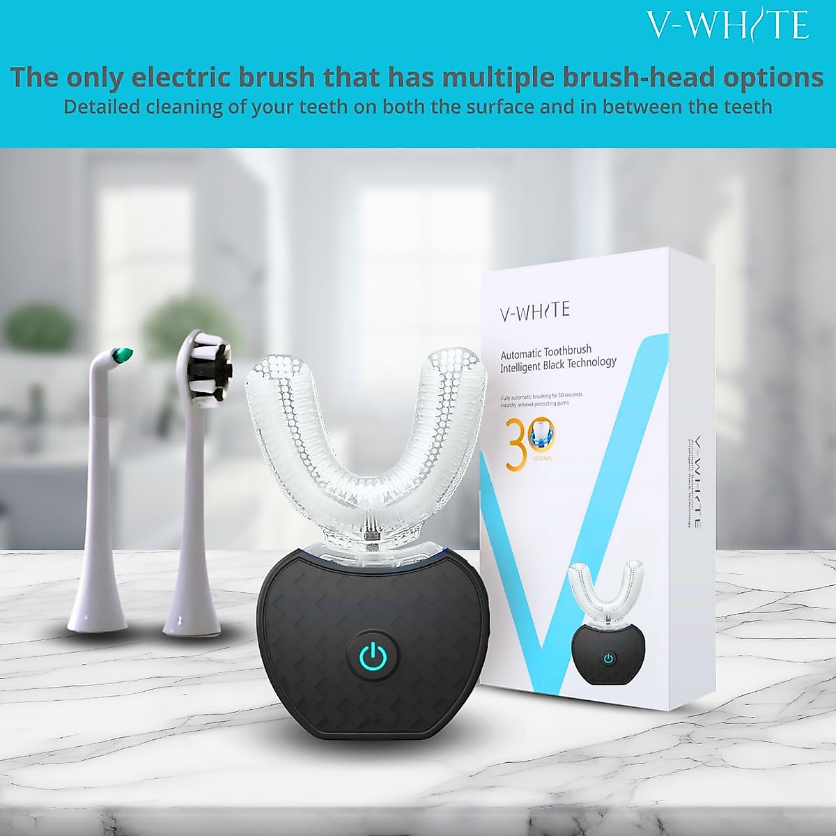 V-WHITE Ultrasonic U-Shaped Toothbrush for Teeth Whitening, Electric Toothbrush For Adults - 360° Mouth Cleansing, Hands Free Gums Protection - Wireless Charging & LED Light -Waterproof IPX7 Certified