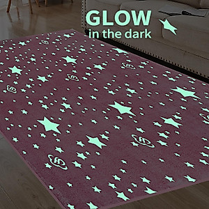 Large Area Rug Carpet Glowing in The Dark Pink Star 5'x4' for Children Room Decor Funny for Babyroom and Living Room Rectangular Mat for Kids Bedroom