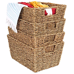 Best Choice Products Rustic Set Of 4 Multipurpose Stackable Seagrass Storage Basket, Handwoven Laundry Organizer Totes for Bedroom and Living Room, Shelves, Pantry w/Insert Handles - Natural
