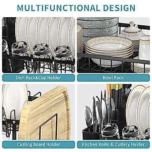 QEWEEQ Dish Drying Rack with Drainboard Set, Stainless Steel 2-Tier Dish Racks for Kitchen Counter,Collapsable Dish Drainers with Cup Rack, Utensil Holder and Cutting Board Holder, Black