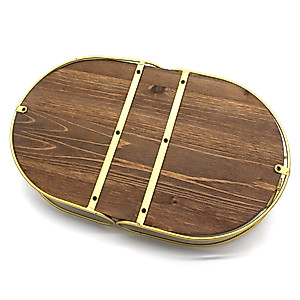 CVHOMEDECO. Decorative Tray with Golden Handle Oval Wood Serving Tray with Metal Handles for Breakfast in Bed, Lunch, Dinner, Appetizers, Kitchen, Ottoman, Coffee Table, BBQ and Party