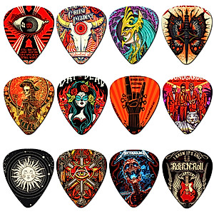Guitar Picks 24 Pack Thin, Medium, Heavy & Extra Heavy Picks with Tin Box,Variety Pack Artistic Celluloid Guitar Pick for Bass Electric Guitar Acoustic Guitar Lovers Gift (Mix-2)