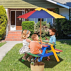 gotoplay Kids Picnic Table Set w/Removable & Foldable Umbrella, Outside Table Set with Benches, Wooden Table and Bench Set for Toddler Boys Girls (Colorful)