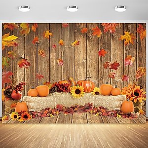 Fluzimir 10x7FT Autumn Fall Photo Backdrop for Photography Thanksgiving Day Wooden Pattern Maple Leaves Pumpkin Background Fall Friendsgiving Party Decorations Harvest Event Banner Decor
