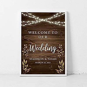 Andaz Press Personalized Extra Large Wedding Easel Board Party Sign, 12x18-inch, Rustic Wood with Hanging Ball Lights and Florals, Welcome to Our Wedding Bride Groom Name Date, 1-Pack, Custom