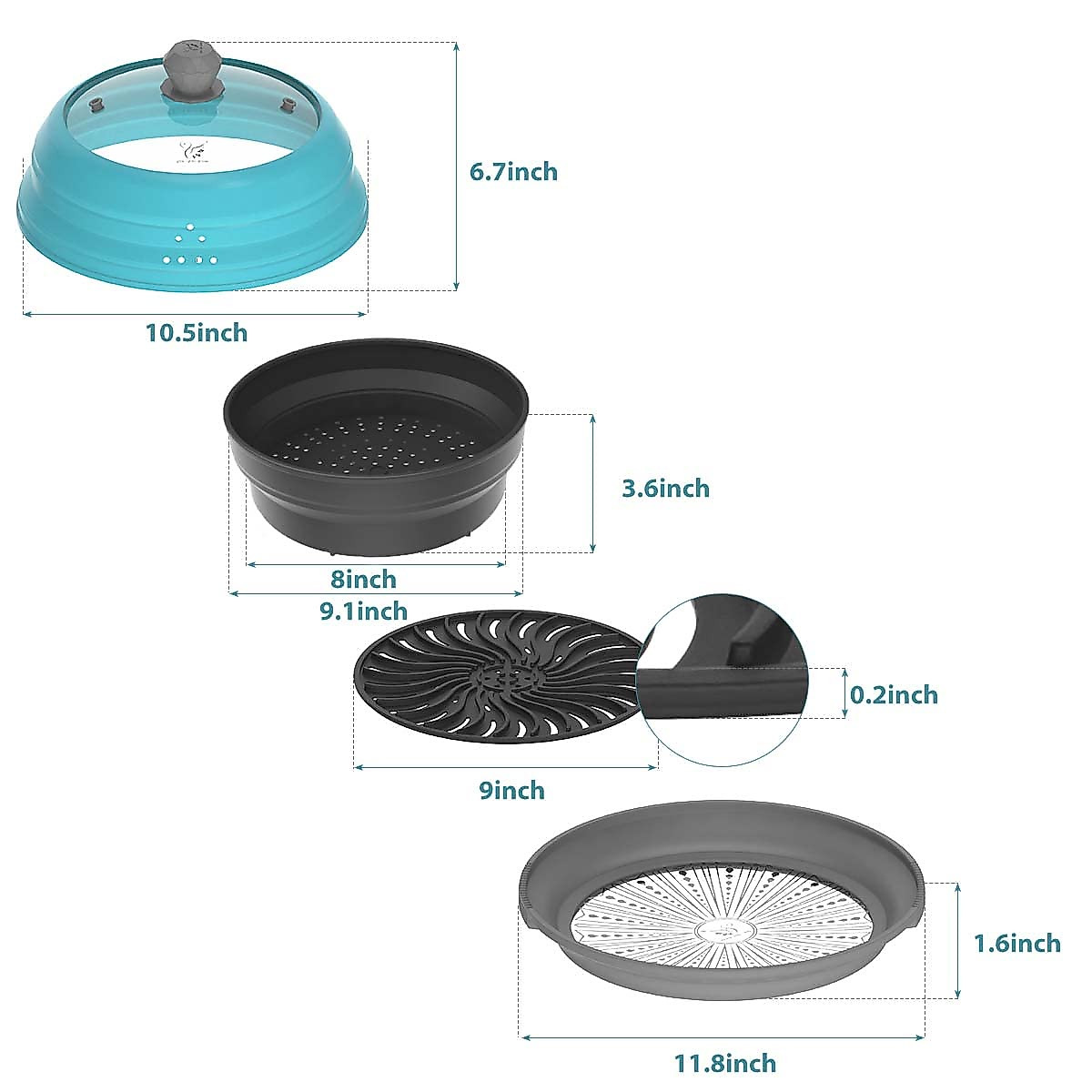 Microwave Splatter Silicone Cover Collapsible Steamer, Vented Multifunction Splash Lid with Glass Dish Bowl Plate for Food Cooking Bacon Maker, Dishwasher Safe BPA-Free 10.5 inch Cookware Set