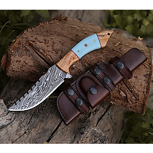 SHOKUNIN USA SavageTr Damascus Knives Custom Handmade Hunting Knife- Best Damascus Steel Blade Skinning Knife- Fixed Blade Hunting Knife With Sheath Belt Loop
