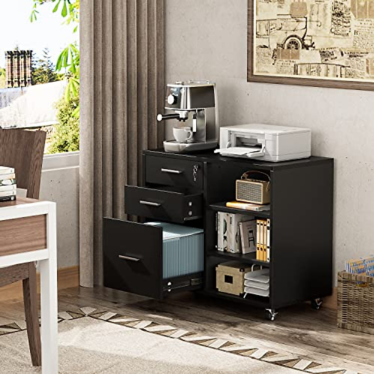 Shahoo 3 Drawer Filing Cabinet, Mobile Lateral Printer Adjustable Open Storage Shelf, Lockable Wheels for Home Office, Dark Black