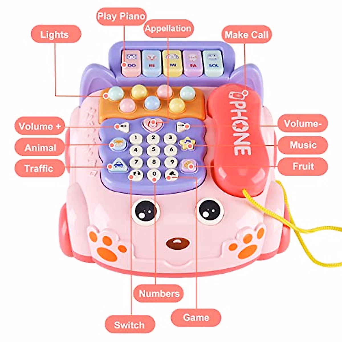 Baby Phone Toy,Baby Toy Phone Cartoon Baby Piano Music Light Toy Children Pretend Phone, Kids Cell Phone Girl with Light Parent-Child Interactive Toy Gift Game Boy Girl Early Education Gift Pink