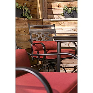 Hanover Montclair 5-Piece High Dining Patio Set with 33'' Steel Stamped Square Bar Height Table and 4 Red Cushioned Tall Swivel Chairs, Modern All-Weather Outdoor Furniture for Backyard and Deck