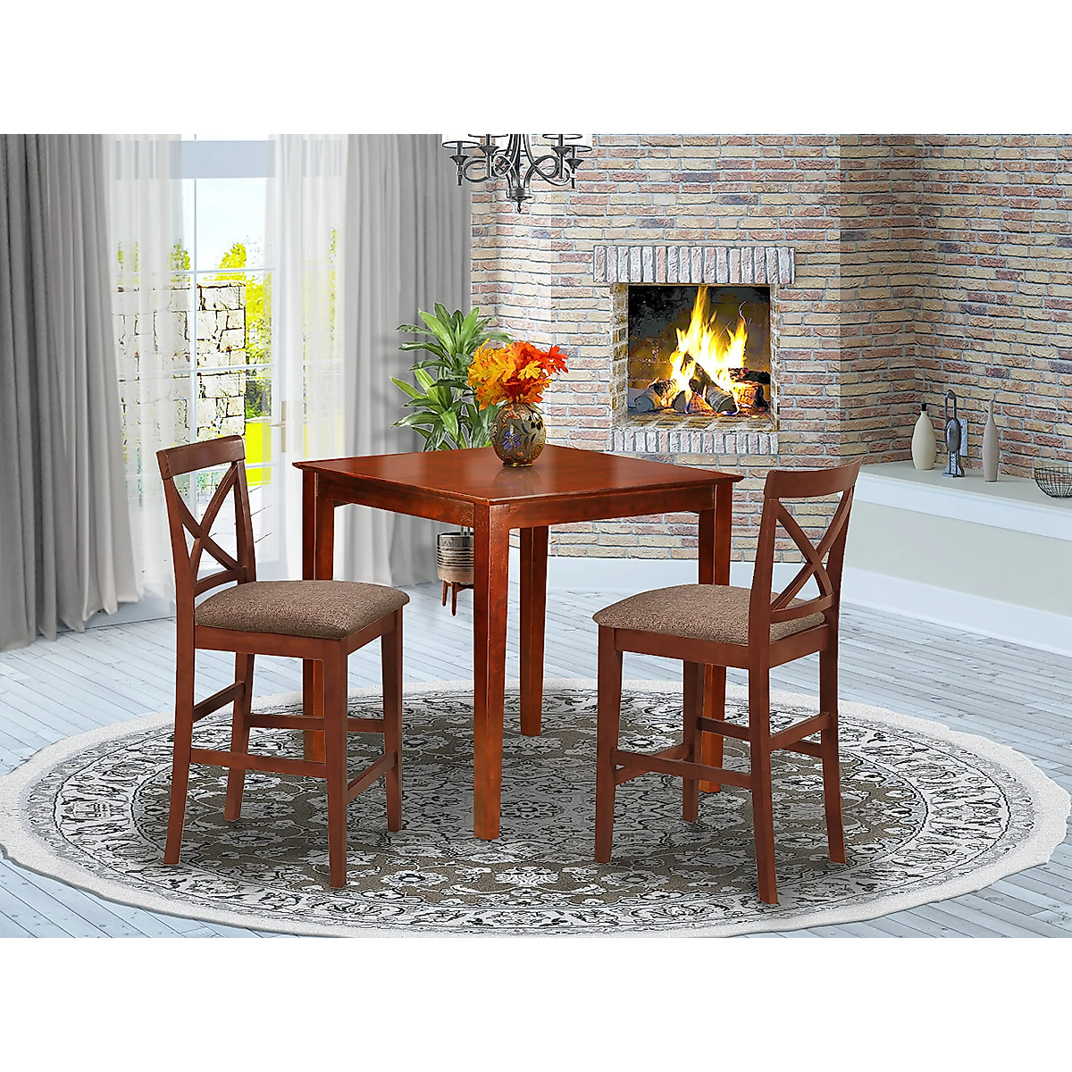 East West Furniture PUBS3-BRN-C Dining Set, Linen Fabric Seat