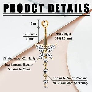 TEN MIRO 14G Dangle Belly Button Rings for Women 316L Stainless Steel Snake Evil Eye Heart CZ Pink Belly Button Rings Cute Butterfly Navel Rings Belly Piercing Jewelry(Green Butterfly-Gold)