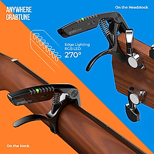 JOWOOM Grabtune Acoustic Guitar Capo-Tuner | 2 In 1 Equipment | Precise and Accurate Tuning System | Full Color LED Edge Lighting Display | USB Rechargeable Battery | Chrome Plating (Black)