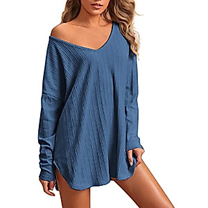 Ekouaer Womens Night Shirts V Neck Sleep Shirt Long Sleeve Tshirt Nightgowns Oversized Shirt Dress(Navy Blue,Large)