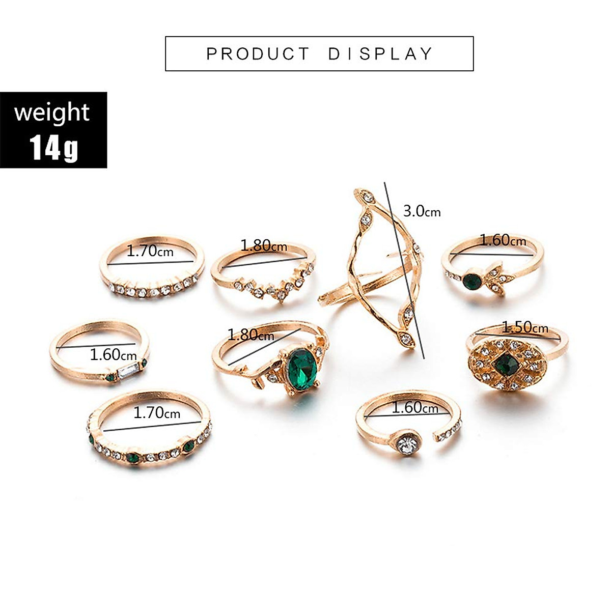 YERTTER Men 9 pcs Vintage Gold Ring Set Green Gem Rings Set Craved Rings Set Joint Knuckle Ring Set Finger Rings Stackable Retro Mid Rings for Women and