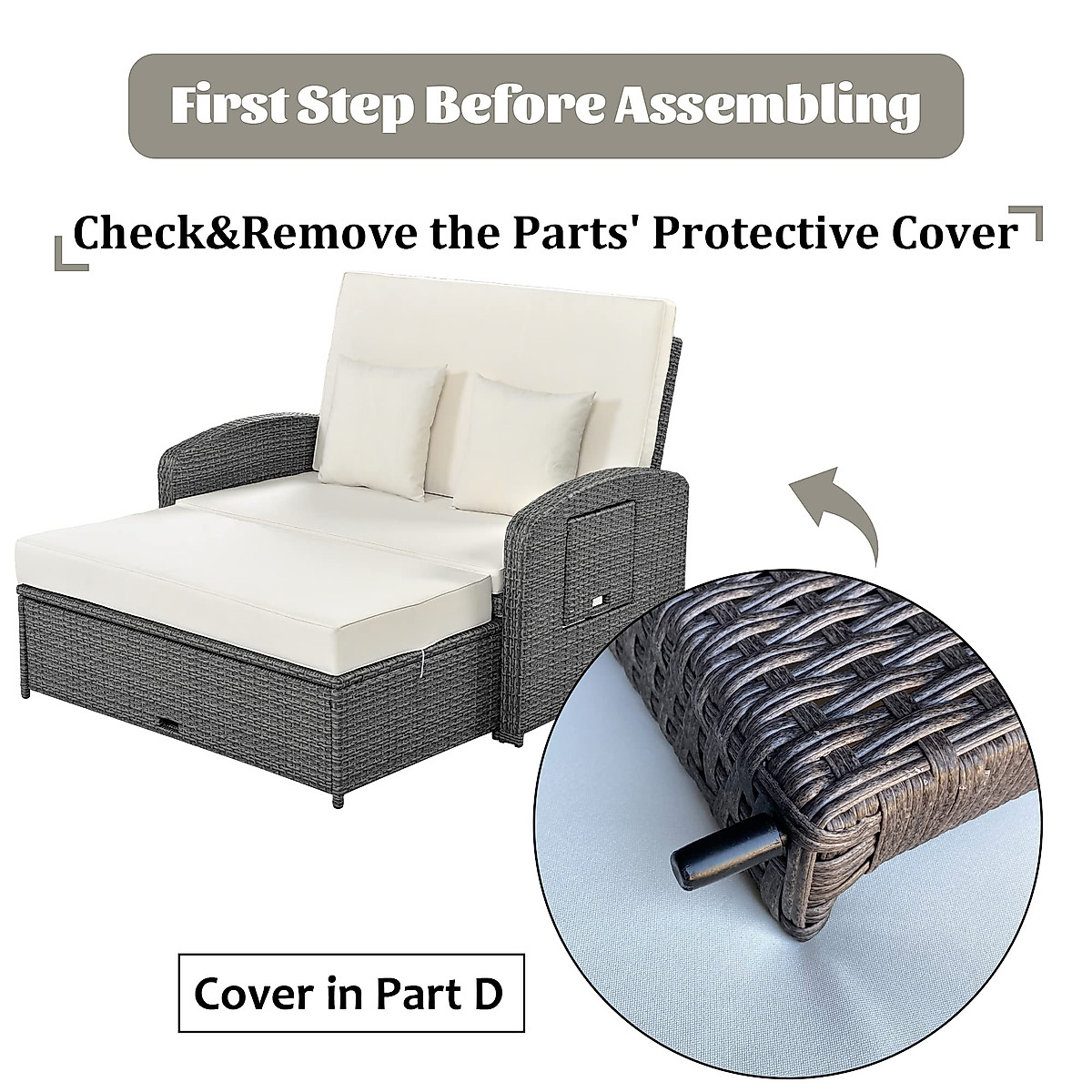 XD Designs Outdoor Patio Rattan Sunbed Double Chaise Lounge with Adjustable Back, All Weather PE Wicker 2-Person Reclining Conversations Set with Foldable Side Tables and Protection Cover (White-C)