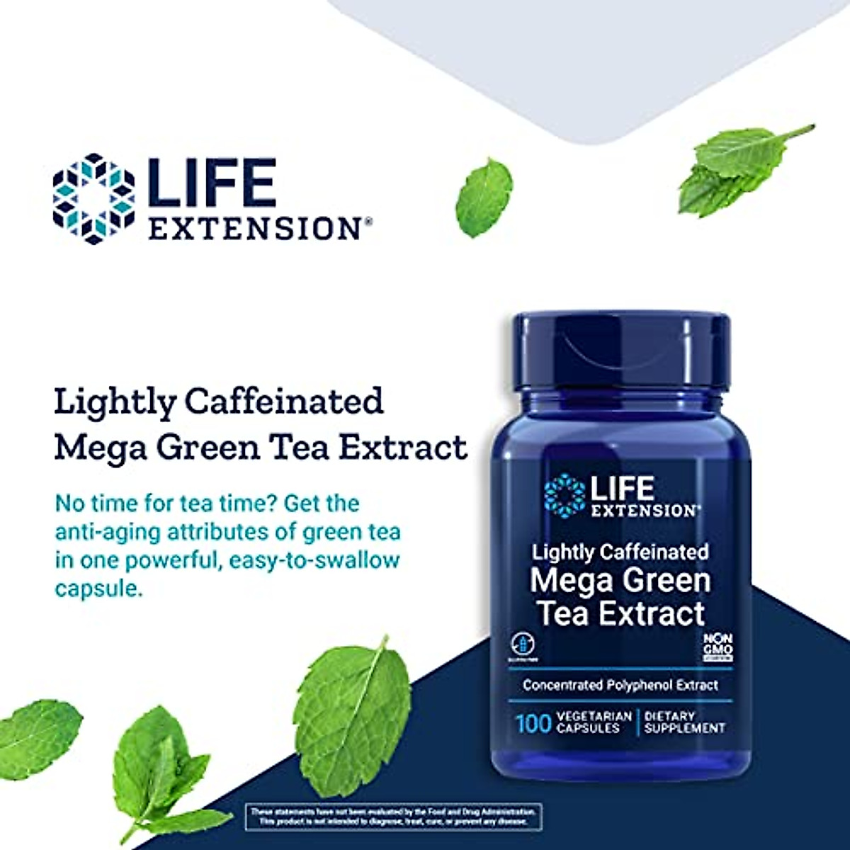 Life Extension Lightly Caffeinated Mega Green Tea Extract - 98% EGCG Polyphenols Supplement for Heart and Brain Health Support for Men and Women - Gluten Free, Non-GMO, Vegetarian - 100 Count