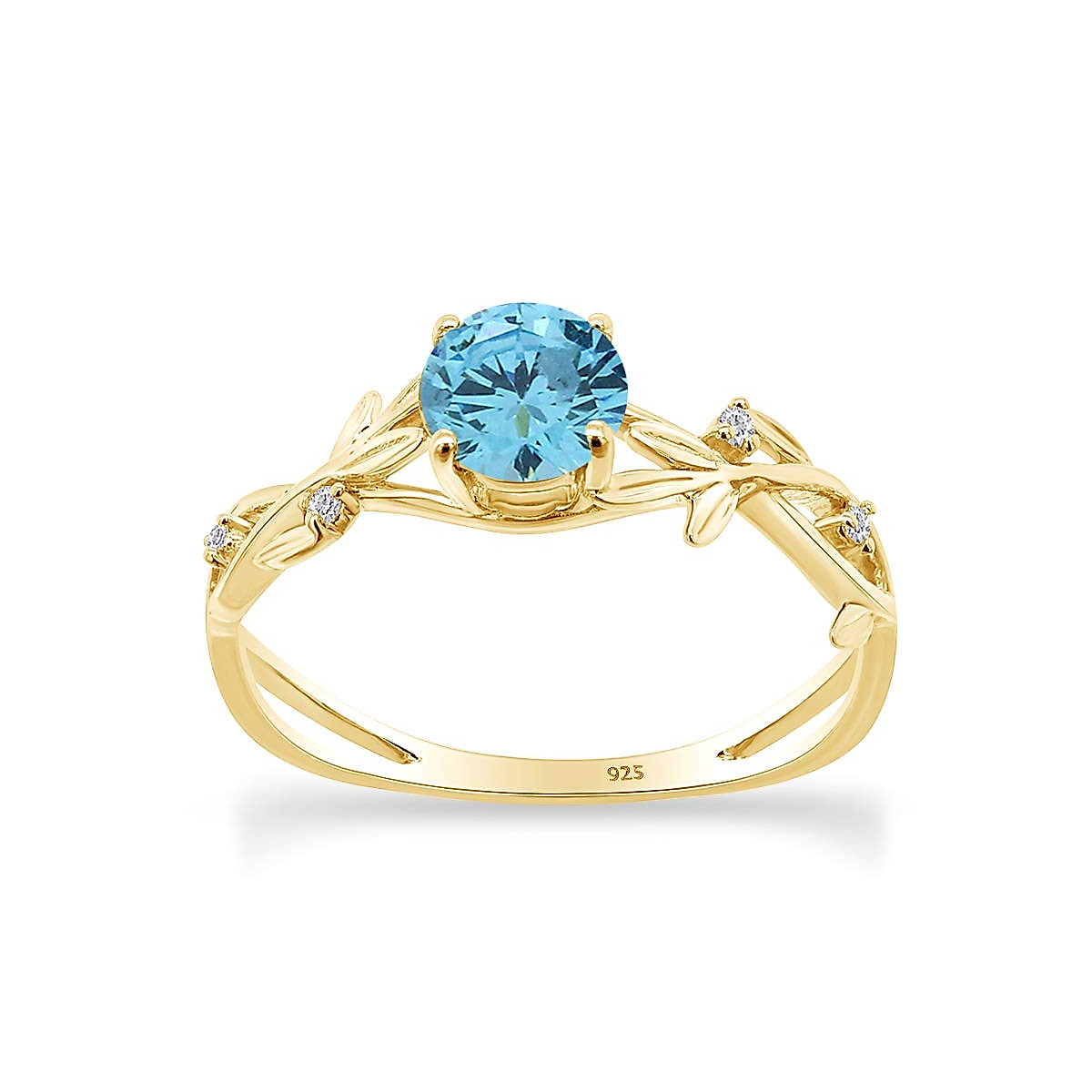AFFY 6MM Round Cut Simulated Aquamarine & White Cubic Zirconia Floral Ring 14k Yellow Gold Over Sterling Silver Ring Size-8.5