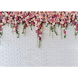 LTLYH 7x5ft White Brick Wall Flowers Backdrop Valentine's Day Theme Photography Backdrop Mother's Day Wedding Bridal Birthday Party Banner Decorations Backdrop 134