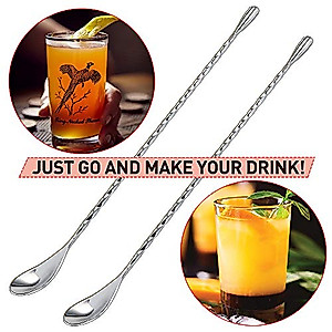 DIFENLUN 12 Inches Mixing Spoon Stainless Steel, 2 Pack Spiral Pattern Bar Spoon for Cocktail Shaker Tall Cups(Silver)
